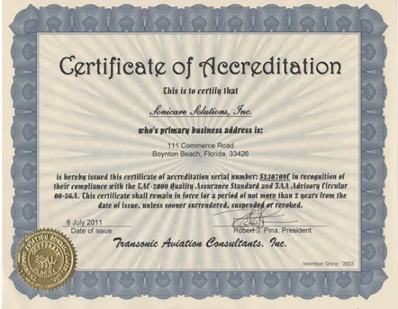 Avionic Certification - Sonicare Solutions Inc